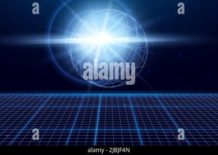 Wireframe perspective grid with lens flare. Space neon infinity mesh ...