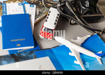 Mini toy bus, plane, passports, tickets travel idea for trip Stock ...
