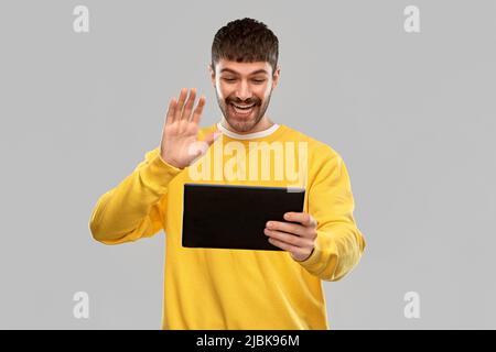 Young hispanic man having video call speaking with deaf language at ...