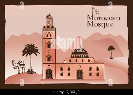 Moroccan mosque, palm tree, camel, sahara dunes. Vector image. isolated ...