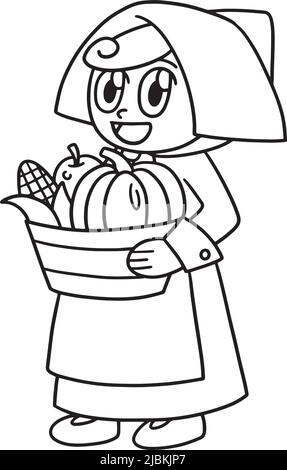 Thanksgiving Pilgrim Girl Coloring Page for Kids Stock Vector Image ...
