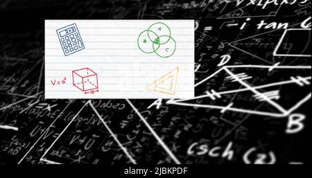 Image of school icons over mathematical equations on black background ...