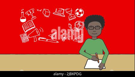 Image of schoolboy taking notes over school items icons on red ...