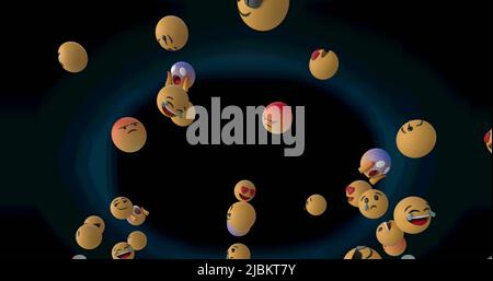Image of multiple emojis falling over blue background Stock Photo - Alamy