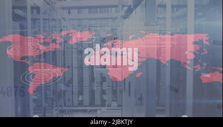 Multiple changing numbers over world map against close up of computer server Stock Photo - Alamy