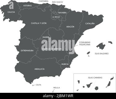 The detailed map of the Spain with regions or states and cities ...