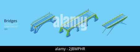 Isometric bridge. Concrete bridges drawbridge river arch bridging city ...