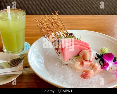 Various menus, sushi, sashimi, nigiri, pan fried pork and miso soup ...