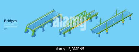 Isometric bridge. Concrete bridges drawbridge river arch bridging city ...