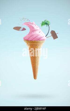 Strawberry ice cream wave with surfboard, beach sign and palm tree ...