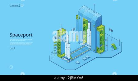 Spaceport isometric set with rocket on cosmodrome with hangar and ...