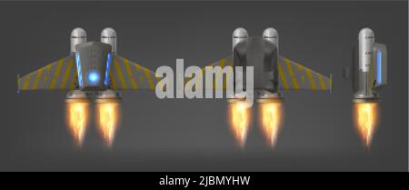 Jetpack with blue fire and yellow stripes on wings, top and bottom view ...