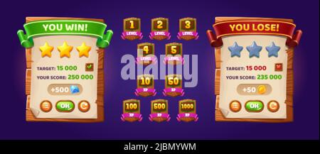 Game wooden boards with level score, victory and lose banners. Vector ...