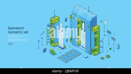 Spaceport isometric set with rocket on cosmodrome with hangar and ...