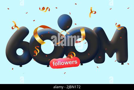 Banner with 600M followers thank you 3d red balloons and colorful ...