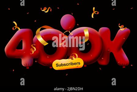 Banner with 400000 followers thank you in form of 3d red balloons and ...