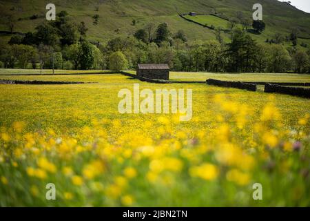 Muker, Yorkshire Dales, UK. 7th Jun 2022. A couple walk through the ...
