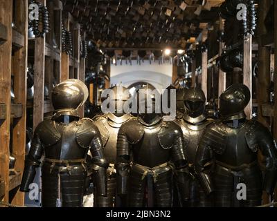many medieval iron metal armors detail Stock Photo - Alamy