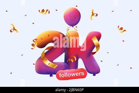 Banner with 2K followers thank you in form of 3d red balloons and ...
