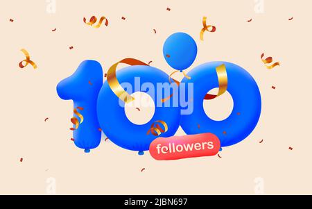 Banner with 100 followers thank you in form of 3d black balloons and ...