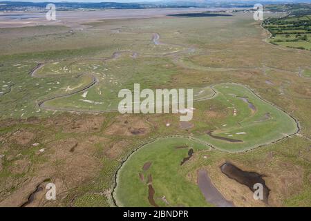 Aerial view of Llanrhidian saltmarsh, Burry Inlet, South Wales, UK ...
