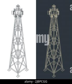 Stylized vector illustration of drawings of cell tower with equipment ...
