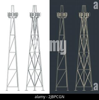 Stylized vector illustration of telecommunication tower blueprints ...