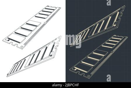 Stylized vector illustration of blueprints of RAM module with and ...