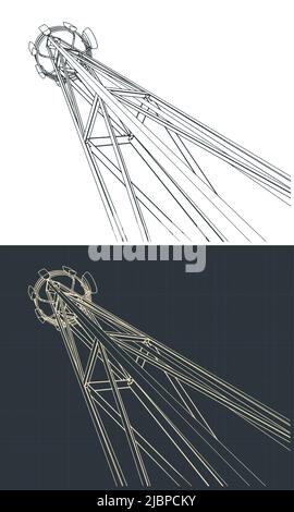 Stylized vector illustration of telecommunication tower blueprints ...