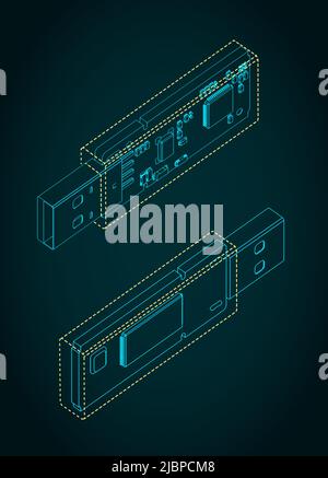 Stylized vector illustration of blueprints of USB fash drive blueprints ...