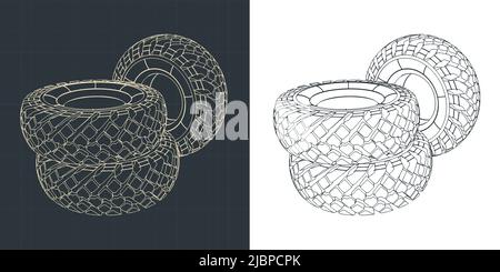 Stylized vector illustration of drawings of tire blueprints Stock ...
