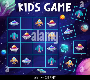 Kids board game with ufo saucers in space vector template. Step ...