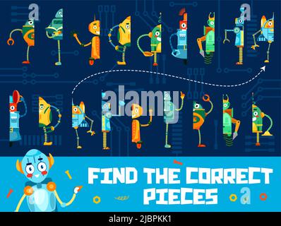 Find the correct pieces of cartoon robots and droids characters, kids ...