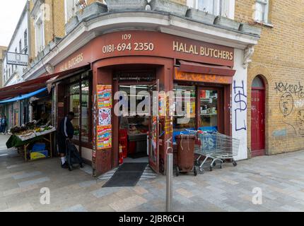 Halal butchers corner shop, Deptford High Street, London S8, England ...