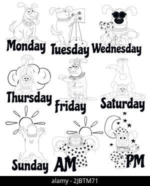 Dog days of the week. Funny dog drawn by hand at different times of the ...