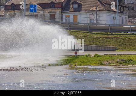 Broken Fire Hydrant Spraying Water at Streets and Park Floods Stock ...