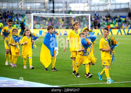 Ukraine mascot's walk out draped in the nation's flag and carrying ...
