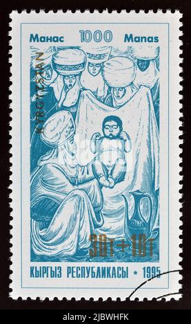 Cancelled postage stamp printed by Kyrgyzstan, that shows Warrior ...