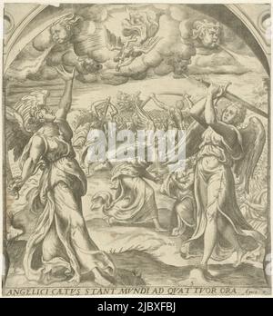 Four angels hold the four winds of the earth in check with swords ...