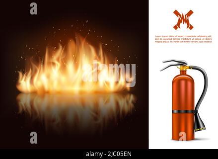 Realistic fire and blaze background with fire extinguisher and flaming ...