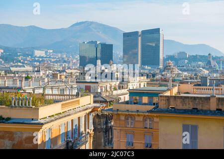 Cityscape and a Skyscraper with Sunlight over Genoa, Liguria in Italy ...