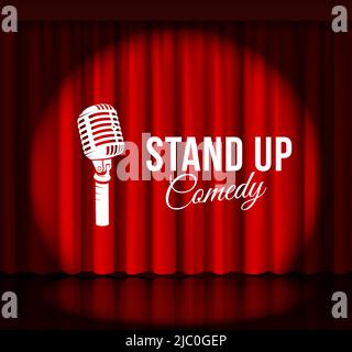 Stand up comedy banner with stage red curtain background illustration ...