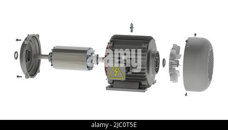 Winding stator for electric motor, exploded view,3D illustration isolated on white background ...