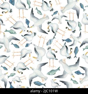 Watercolor seamless pattern with flying and standing seagulls. Minimal ...