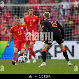 Joe Morrell of Wales clears the ball from defence during the UEFA ...