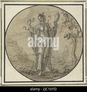 Caution (Prudentia). Standing woman figure in a landscape, with snake ...