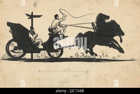 Coachman in cloak sits in coach with horse and hold reins in autumn ...