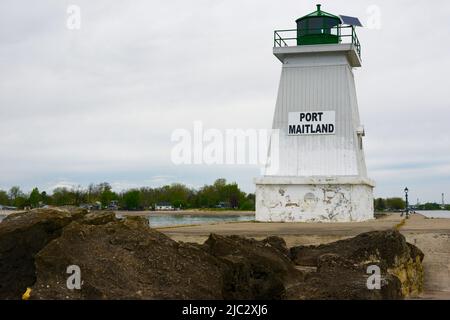 Port Maitland lighthouse and pier at the mouth of the Grand River ...