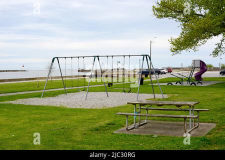 Port Maitland lighthouse and pier at the mouth of the Grand River ...