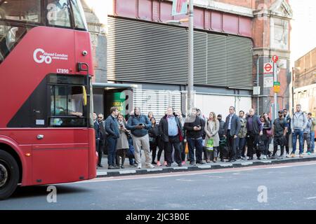 Long bus queues seen at Waterloo Station this morning. Image shot on ...